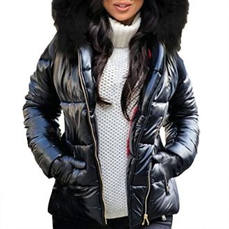 Generic Doudoune Femme Pyrenex - Nouvelle Veste en Coton D&eacute;contract&eacute;e &Agrave; Col Ample Et &Agrave; Capuche pour Femmes Manteau Noir avec Manches en Cuir