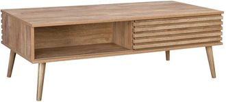 Sweeek Table basse scandinave avec portes coulissantes décor bois rainuré et niches de rangement