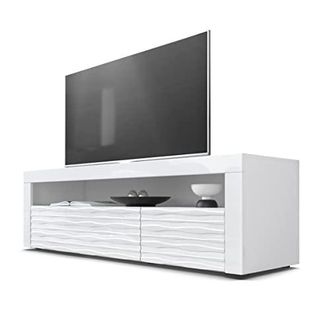Vladon Buffet Bas Valencia, Meuble TV avec 1 Compartiment Ouvert et 2 clapets, Blanc/Blanc Haute Brillance Harmony Structure 3D/Blanc Haute Brillance (155 x 