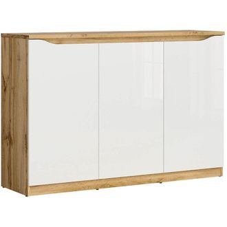 PEGANE Buffet Meuble de rangement &agrave; 3 portes, coloris ch&ecirc;ne Wotan/blanc brillant - Longueur 135 x Profondeur 39,5 x Hauteur 91,5 cm