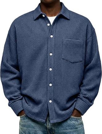 Generic Chemise gaufr&eacute;e pour homme et adulte, chemise boutonn&eacute;e &agrave; manches longues, couleur unie, chemise &agrave; revers vintage, d&eacute;contract&eacute;e et de travail avec poc