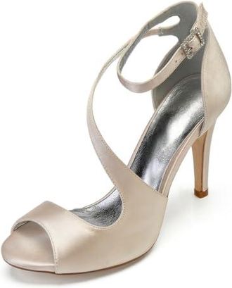 Generic Escarpins Femme Mari&eacute;e Bout Ouvert Btide Cheville Boucle Stylet Talons Sandales Chaussures De Mariee Bal 10.5 Cm,Champagne,40 EU