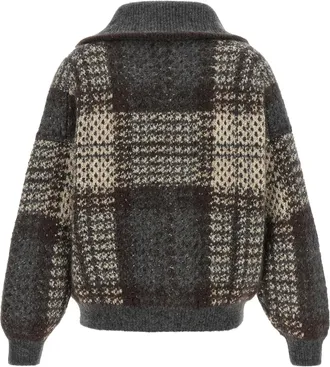 Brunello Cucinelli Tartan Sequin-Embellished Cardigan - Charcoal