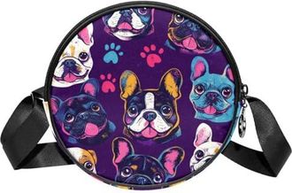 Generic Sac &agrave; bandouli&egrave;re rond pour femme, motif patte de bouledogue fran&ccedil;ais, petit sac &agrave; bandouli&egrave;re avec fermeture &eacute;clair, bretelles r&eacute;glables, sac &agrave; main 