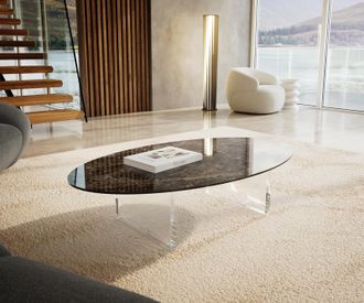 DELIFE Couchtisch Edge Oval 140x80 cm Keramik Emperador Extra Lucidato Dunkelbraun Lumia Acryl, Couchtische