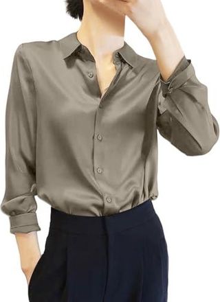 Generic Chemisiers habill&eacute;s et d&eacute;contract&eacute;s en satin pour femme - Chemisiers &agrave; manches longues grande taille pour femmes, chemise &agrave; boutons &agrave; boutons et &eacute;paul