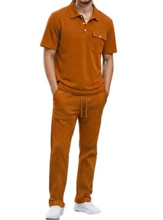 Generic Tenue d&eacute;contract&eacute;e &agrave; manches courtes pour homme avec chemise et pantalon de couleur unie 2 pi&egrave;ces avec poches, marron, 3XL