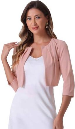 Allegra K Bol&eacute;ro en Mousseline Femme Blazer Court de Bureau &agrave; Haussement d&Eacute;paules et &agrave; Manches 3/4 Cardigan L&eacute;ger Court Pliss&eacute; sans Col Rose XL
