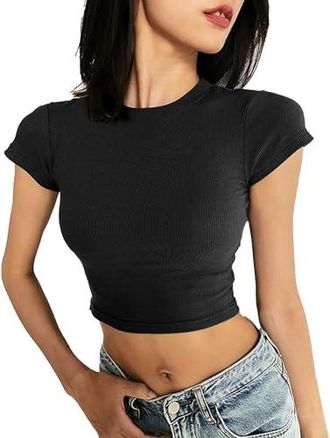 Generic Haut court &agrave; manches courtes pour femme - Coupe ajust&eacute;e - Extensible - C&ocirc;tel&eacute; - D&eacute;contract&eacute; - Basique - Pour sortir dans la rue, Noir, XXL