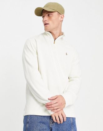 Polo Ralph Lauren Doppelstrick-Sweatshirt in Cremewei&szlig; mit Markenlogo und kurzem Rei&szlig;verschluss
