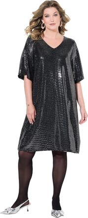 Miamoda Damen gro&szlig;e Gr&ouml;&szlig;en &Uuml;bergr&ouml;&szlig;en Plus Size Kleid, A-Linie, Pailletten-Optik, 3/4-&Auml;rmel Silber 48 836334131-48