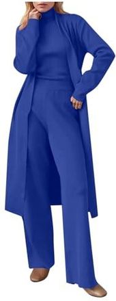 Generic Printemps Automne 3 Pi&egrave;ces Femmes Cardigan Surv&ecirc;tements Pantalon Tricot&eacute; Ensemble Pull Costume Mode Ensemble 3 Pi&egrave;ces (Blue, One Size)