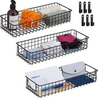 Relaxdays Drahtkorb 3er Set, Wand, Aufbewahrungskorb, HxBxT: 7,5 x 41 x 16 cm, Metallkorb, Griffe, Allzweckkorb, schwarz