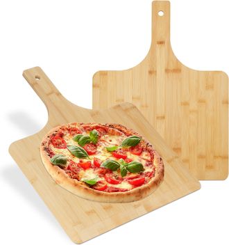 Relaxdays Pizzaschieber XXL, 2er Set, 50x38 cm, Pizzaschaufel, abgerundete Kanten, Griff, Brotschieber, Bambus, Natur