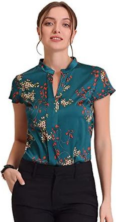 Allegra K Chemisier en Satin Femme &agrave; Fleurs Blouse de Bureau soyeuxet &agrave; col Montant Chic et &eacute;l&eacute;gante Bleu Marin XL