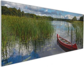 Wallario K&uuml;chenr&uuml;ckwand aus Glas 125 x 50 cm, Motiv: Rotes Kanu am See | Spritzschutz abwischbar & pflegeleicht