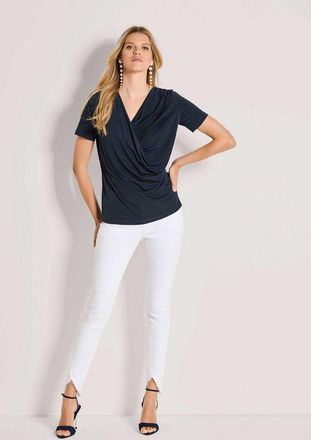 Madeleine 3/4-Arm-Shirt Elegantes Wickelshirt Kurzarm mit Elasthan Sommerlicher Jersey-Cr&ecirc;pe mit Wickeleffekt