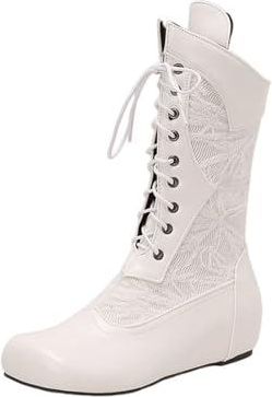 Generic Bottes mi-mollet pour femme - Talon plat - Style d&eacute;contract&eacute; - Style r&eacute;tro - Confortable - &Agrave; lacets - Avec augmentation interne, blanc, 39.5 EU