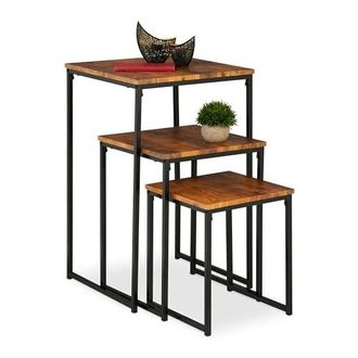 Relaxdays Lot de 3 Tables dappoint, empilables, 3 Tailles, carr&eacute;es, m&eacute;tal, pour Le Salon, d&eacute;co, Marron - Noir