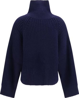 Ganni Merino Wool Zip-Neck Sweater - Navy