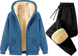 Generic Jogginganzug Damen Winter Warm Trainingsanzug Woll Fleece Sportanzug Gef&uuml;ttert Gepolstert Tracksuit Einfarbig Casual Zweiteiler Lounge Sets Langarm Ha