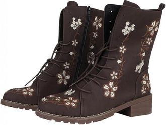 Generic Bottes dhiver pour femme - Bottes de marche mi-mollet - Bottines de combat brodées à fleurs - Chaussures de combat à lacets pour femme - En cuir à fle