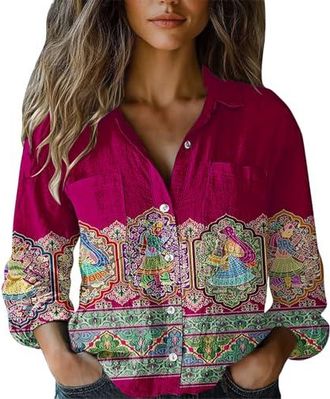 Generico Chemise Femme D&eacute;contract&eacute;e Manches Longues Blouse Coton Et Lin Curvy Grande Taille Chemisier Col en V Doux T Shirt Vintage Fantaisie avec Boutons Mode