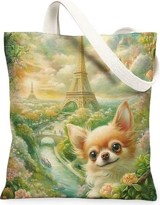 Generic Sac fourre-tout en toile motif Chihuahua printanier 33 x 38,1 cm, tour romantique, sac d&eacute;picerie r&eacute;utilisable pour femme, animal de compagnie, motif v