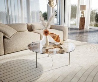 DELIFE Couchtisch Edge Rund 90x90 cm Keramik Patagonia Poliert Trive Edelstahl geb&uuml;rstet, Couchtische
