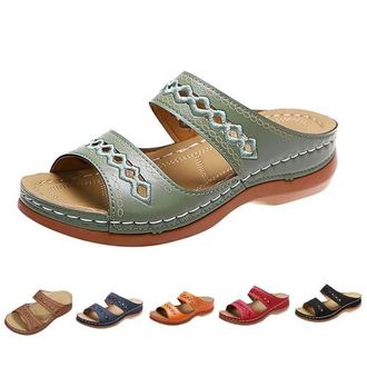 Generic Sandales orthop&eacute;diques pour femme - Pantoufles d&eacute;t&eacute; confortables en cuir - Chaussures plates compens&eacute;es &agrave; bout ouvert - Respirantes - Style floral - P