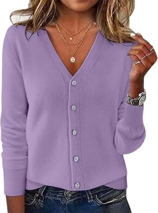 Generic 2025 Pull &agrave; Manches Longues de Couleur Unie pour Femme Chandail Tricot avec Boutons Cardigan Femme Gilet avec Boutons Col en V L&eacute;ger Et El&eacute;gant Veste 