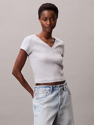 Calvin Klein T-shirt Mit V-ausschnitt Aus Gerippter Baumwolle - Bc06 Grey Heather - Damen - L