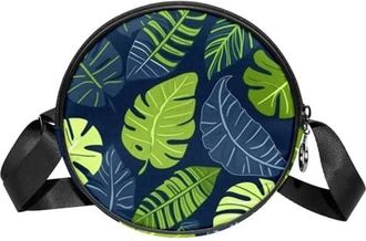 Generic Sac &agrave; bandouli&egrave;re rond pour femme, motif feuilles tropicales, sac &agrave; dos &agrave; bandouli&egrave;re avec fermeture &eacute;clair, bretelles r&eacute;glables, sac &agrave; main rond d&eacute;co