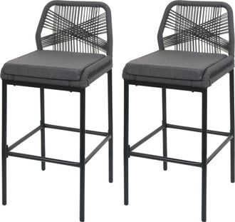 Mendler 2er-Set Rope-Barhocker HWC-O21, Outdoor Sitzpolster Seilgeflecht Metall - anthrazit, Kissen dunkelgrau