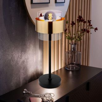 Globo Lighting Lampe de table anneau de laiton Lampe de chevet verre clair Lampe de table noir r&eacute;tro, m&eacute;tal, douille E27, DxH 18 x 47 cm