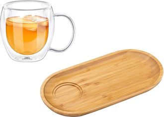 Wilmax England Wilmax - Bambus-Teller 30.5cm x15cm und Teeglas 500 ml - Servierset - Geschirrset - Set - Teegl&auml;ser & Kaffeegl&auml;ser - Thermoglas f&uuml;r Wasser, Tee, Kaffe