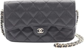 Chanel portefeuille Flap Phone Holder en cuir Caviar matelassé à bride en chaîne (2021-2025) - Noir