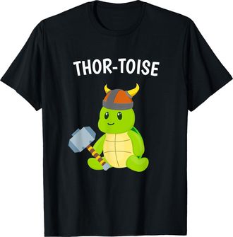 Foxxy Merch Kinder Cartoon T-Shirt, Schwarz, S, Kurzarm, Unisex, Nordische Mythologie, Wikinger-Schildkröte, Cartoon-Design