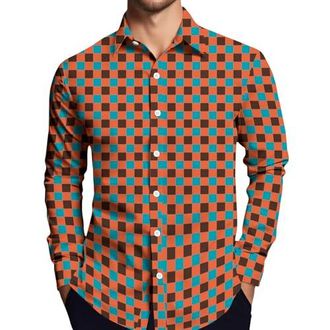 Generic Chemise &agrave; manches longues pour homme - Avec motif &agrave; carreaux - En coton m&eacute;lang&eacute; - Chemise de loisirs avec boutonni&egrave;re sur toute la longueur et col cla