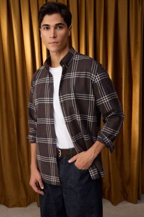 Trendyol MAN Herren Braun Kariert Lang Regular Fit Hemden