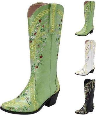 Generic Bottes de cowboy pour femme - Coupe large - Talon moyen - Bout pointu - Broderie occidentale - Style campagnard - Bottes classiques en cuir PU - Chaus