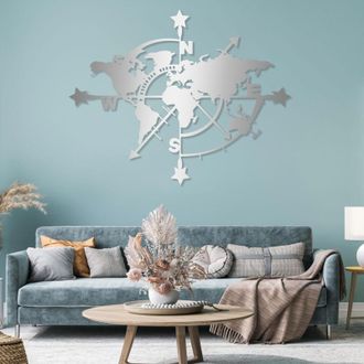 Generic Moderne minimalistische Wanddekoration aus Metall: Weltkarte und Kompass, Wanddekoration mit Karte und Kompass f&uuml;r Wohnzimmer, Schlafzimmer, B&uuml;ro (Sil