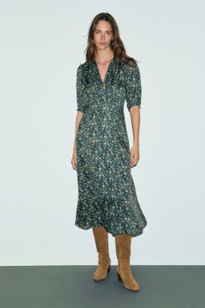 Gerard Darel Robe midi cintr&eacute;e fleurie -COLET - Vert fonc&eacute;
