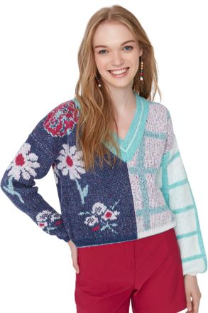 Trendyol Damen Pullover With V-neck and Floral Pattern Sweatshirt, Gr&uuml;n, L EU
