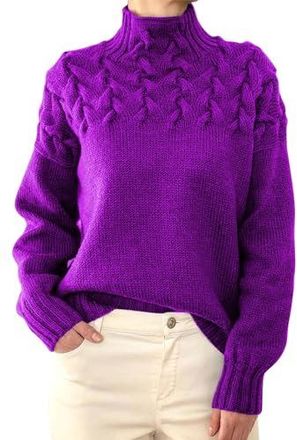 Generic Sweater Femme Hiver Vetements Femmes Hiver Pull à Col Roulé Et Manches Longues pour Femme Pull Ample Tricoté Couleur Bloc Gilet Pullover Chic Purple X