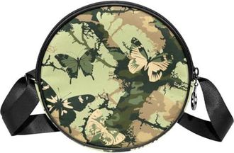 Generic Sac &agrave; bandouli&egrave;re rond pour femme, motif camouflage, papillon, petit sac &agrave; bandouli&egrave;re avec fermeture &eacute;clair, bretelles r&eacute;glables, sac &agrave; main rond d&eacute;c
