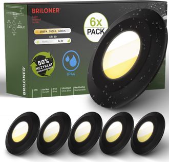 Briloner 6er Set LED Bad Einbaustrahler 230V Gehäuse 50% recycelt, Farbtemperaturwechsel, IP44, Ra90, LED Spot, flach, Deckenspots, Einbauleuchten, Badezimmer,