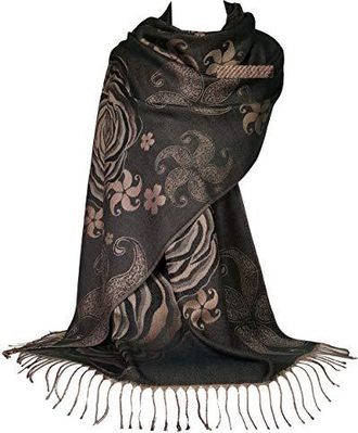 GFM Écharpe châle style pashmina à motif floral (FRL3), 3032-klkek-noir, Taille unique