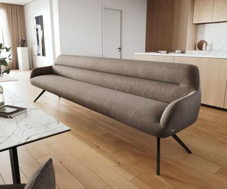 DELIFE Esszimmerbank Taya-Flex 300 cm Strukturstoff Soft Taupe Kreuzgestell kantig Schwarz Taschenfederkern, B&auml;nke