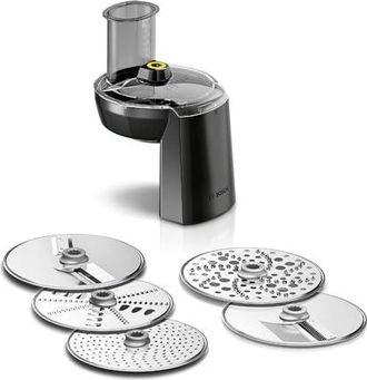 Bosch Zubehör MUZS68VL, VeggieLove Set, Durchlaufschnitzler, 5 Scheiben, Raspeln, Schneiden, Reiben, für Küchenmaschine Serie 6, Serie 8, schwarz/edelstahl